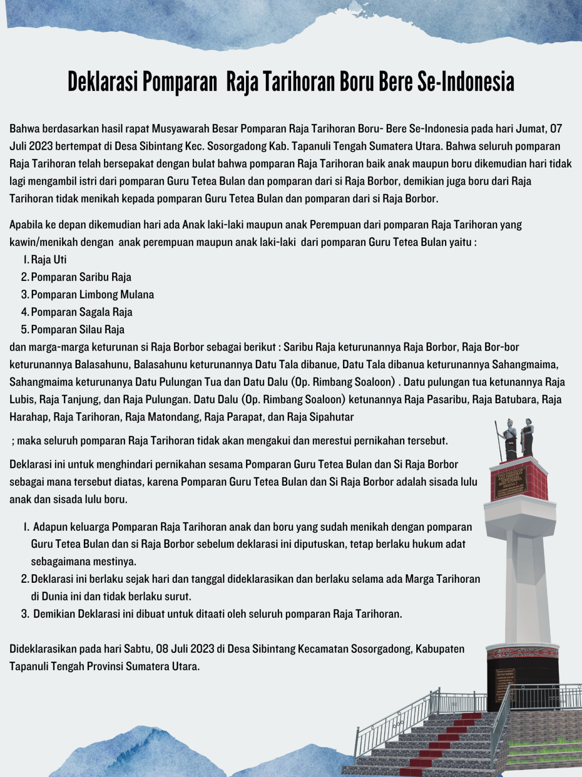 Deklarasi Pomparan Raja Tarihoran, Boru dan Bere se-Indonesia - TARIHORAN